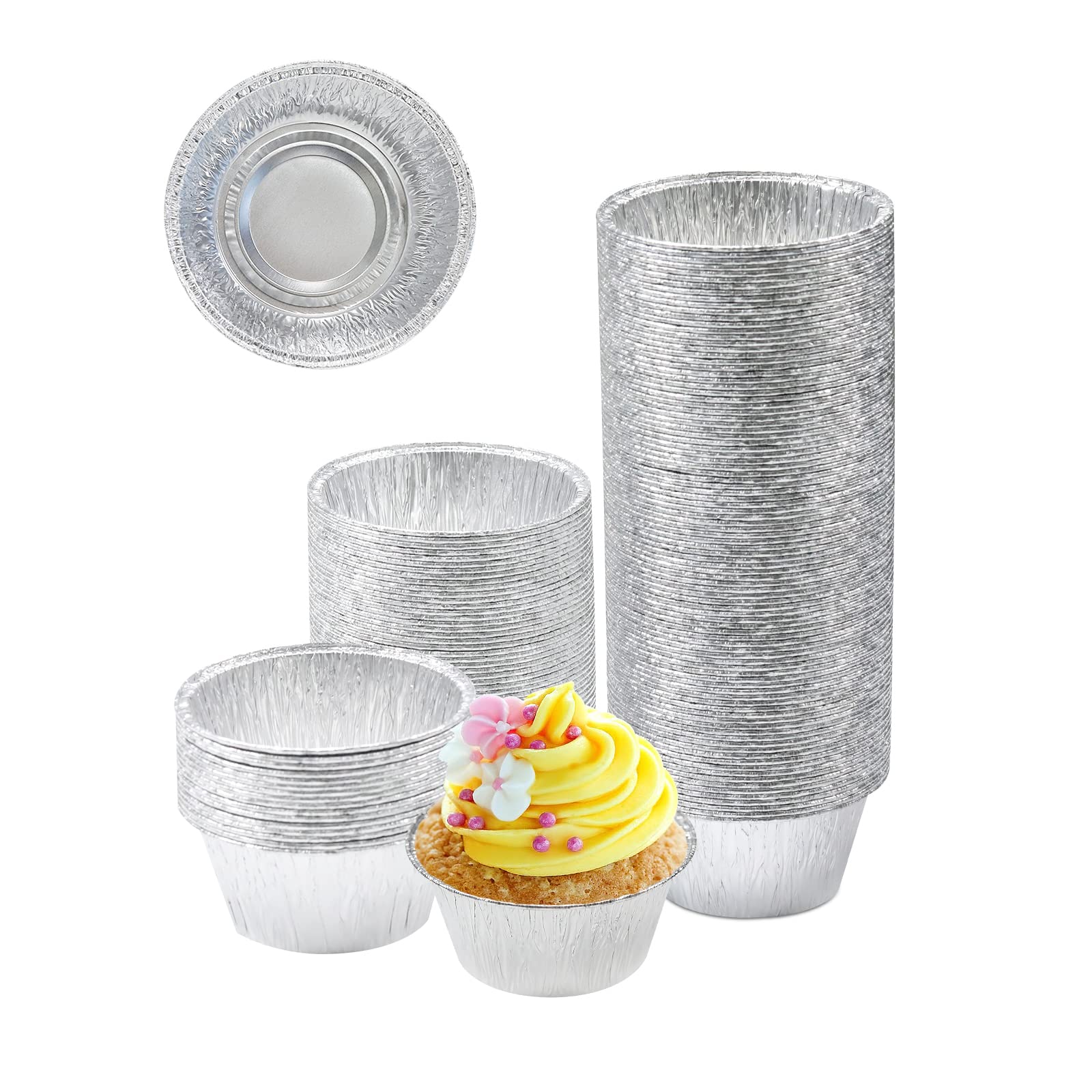 Aluminum Foil Baking Cups, Mateebake 4 Oz Disposable Ramekin Aluminum Cupcake liners, Silver Foil Baking Cups Muffin Liners for Cupcake, Baking, Egg Tart, Pudding, Creme Brulee (150 Pcs)