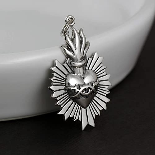 A Charmed Impression Sacred Flaming Heart with Thorns Charm Necklace • Solid Sterling Silver Heart • God's Love • Jesus Love Pendant Necklace