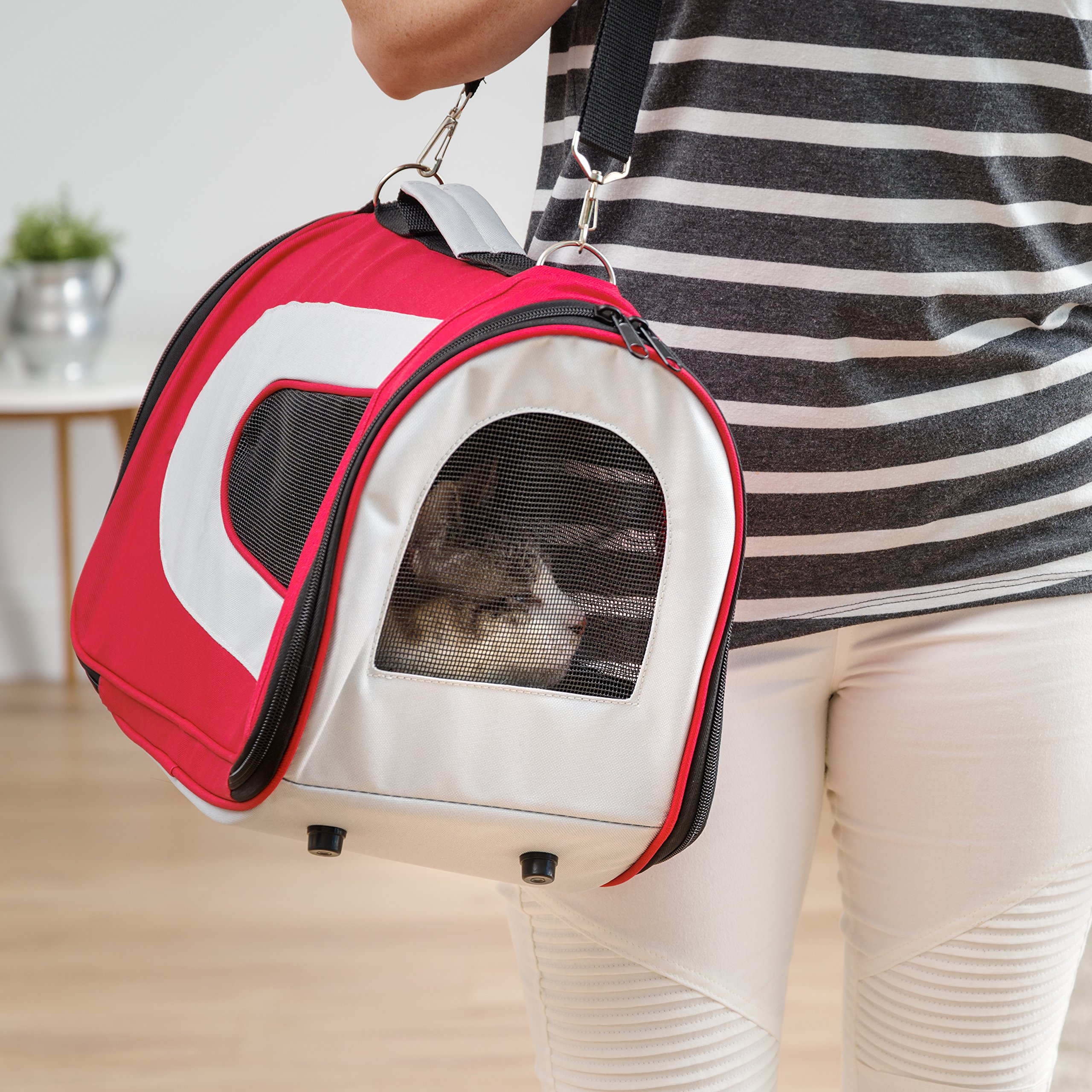 IRIS USA Large Soft Sided Carrier with Shoulder Strap, Sturdy Collapsible Water Resistant Cat Dog Pet Carrier with Padded Bottom and Top Handle for Travel Road Trip, Red