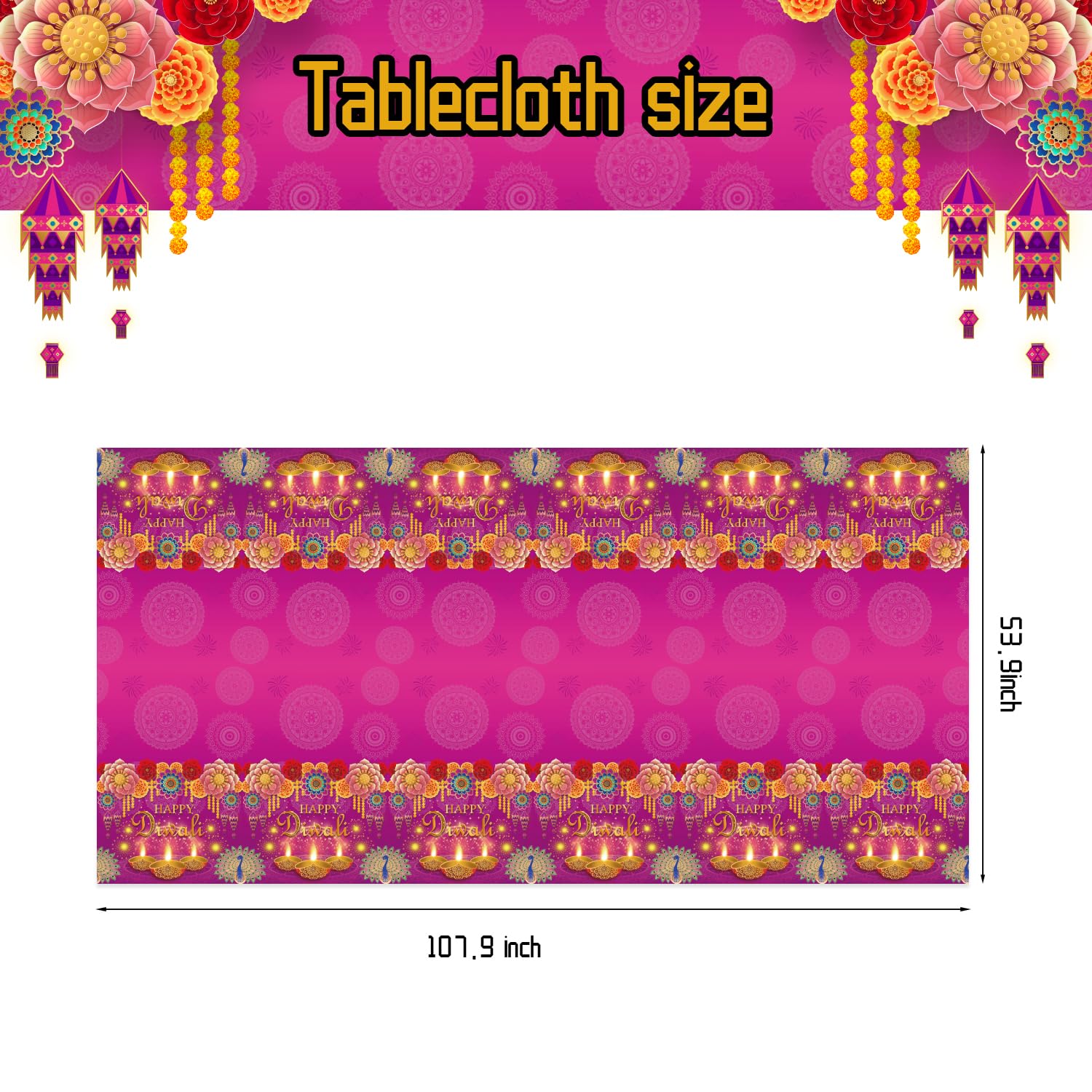 LARRAZABAL Diwali Tablecloths, Happy Diwali Table Covers for Indian Deepavali Festival of Lights, Rectangular Diwali Plastic Tablecloths Party Supplies