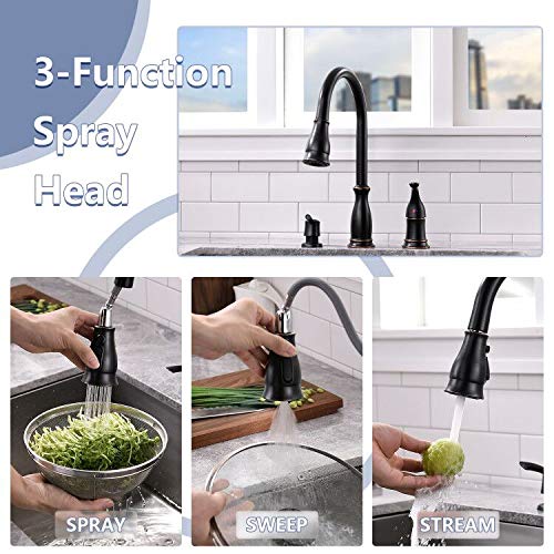APPASO 3 Hole Kitchen Faucet with Pull Down Sprayer Oil Rubbed Bronze, 2-Hole Pull Out Kitchen Sink Faucet with Side Single Handle and Soap Dispenser, 211ORB