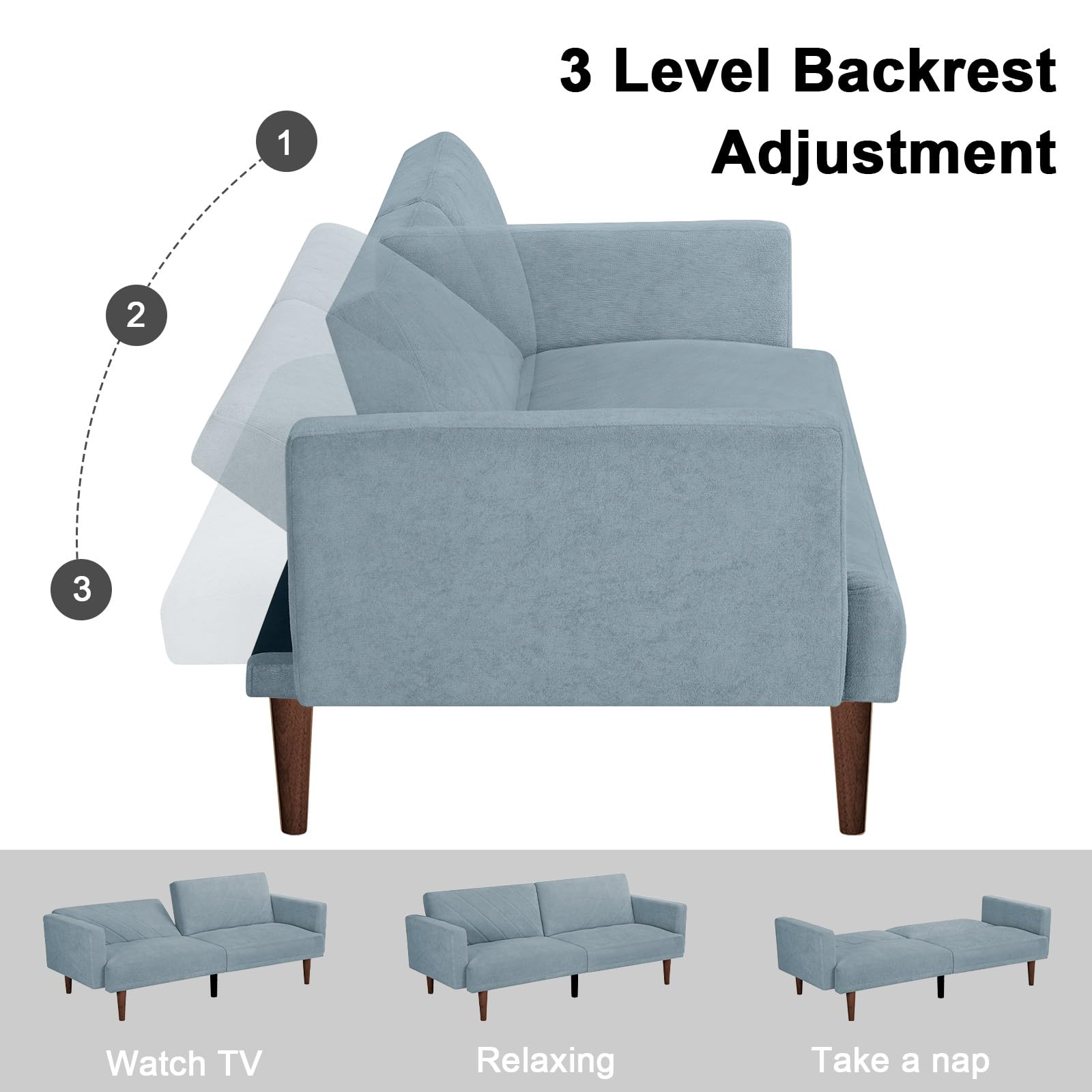 Artfurniz Folding Futon Sofa Bed: Reclining Sleeper Loveseat Convertible Modern Faux Leather Couch for Living Room Bedroom Apartment Solid Wood Leg, Light Blue