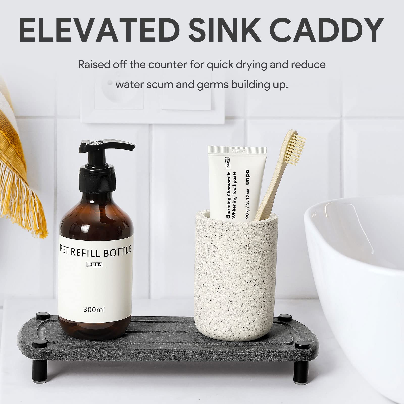 ACWOWO Home Sink Caddy, Instant Dry Kitchen Bathroom Sink Organizer, Diatomaceous Earth Water Absorbing Quick Dry Stone Drying Mat Tray for Sink Soap Bottles Sponge Holder, Gray