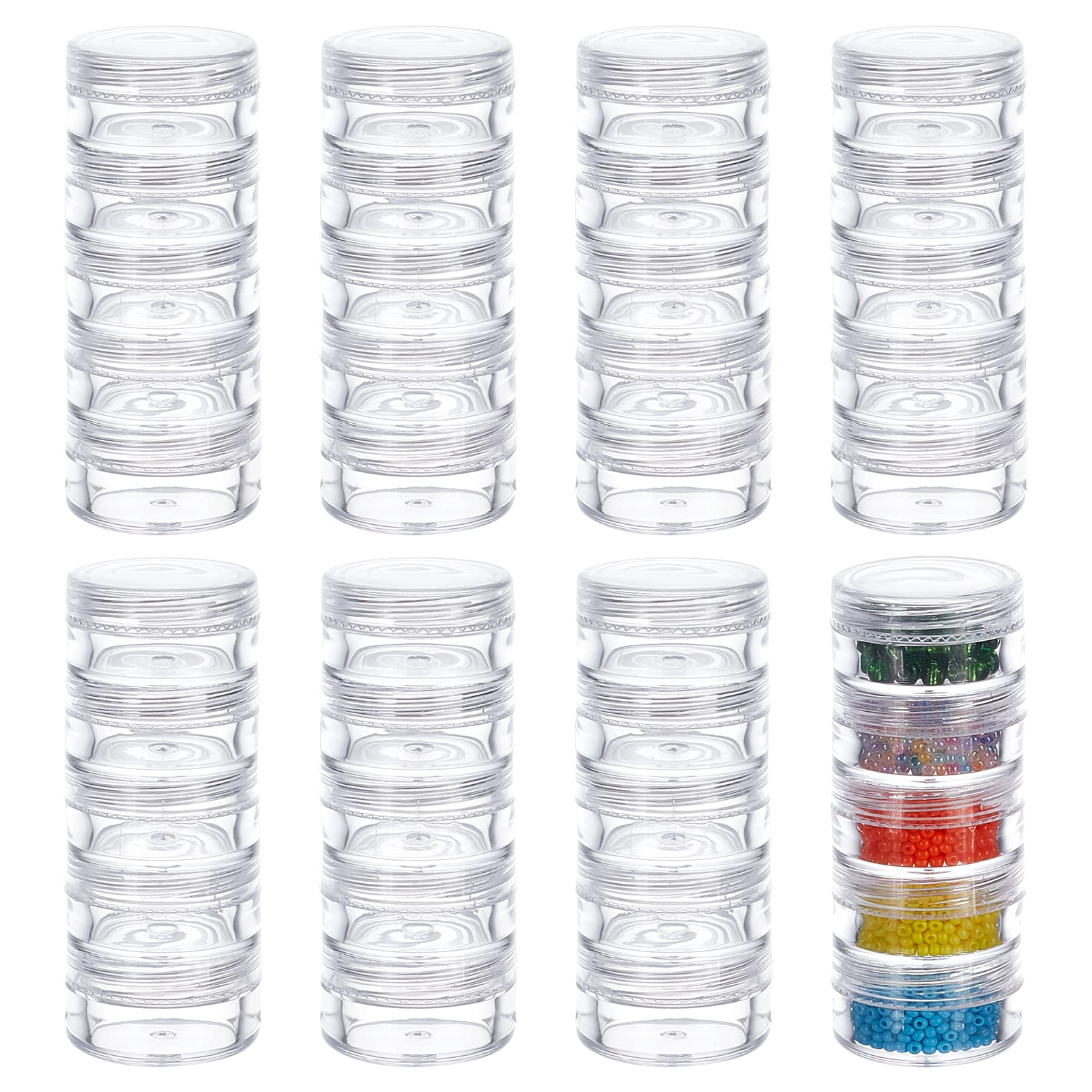 BENECREAT 5G/5ML Stackable Round Plastic Containers 8 Column(5 Layer/Column) Bead Storage Jars for Seed Beads, Diamond Drills and Other Jewelry Components