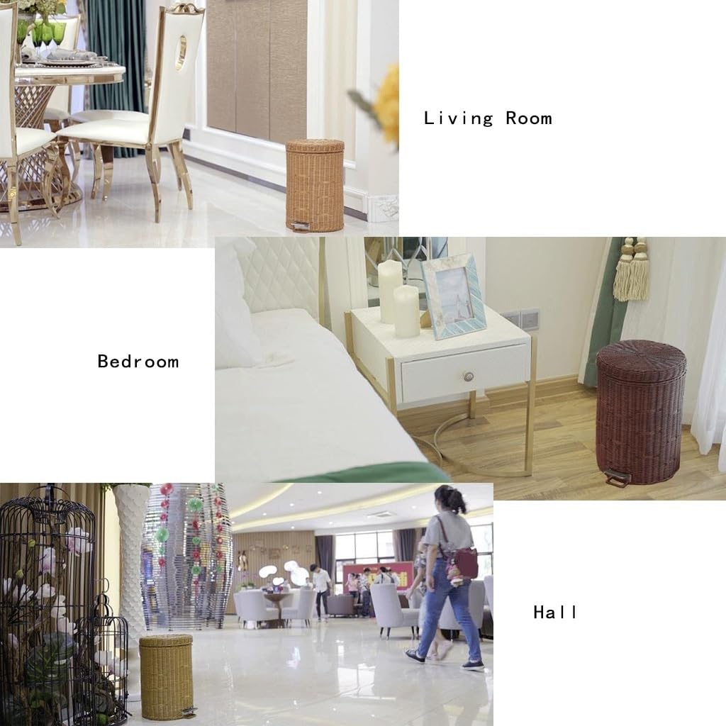 Wicker Trash Can with Lid Bathroom, Removable Liner Bucket Wastebasket, Slow Down Silent Pedal Garbage Bin with Lid, Round Rattan Garbage Can Trash Bin for Bathroom Living Room Kitchen ( Color : Yello