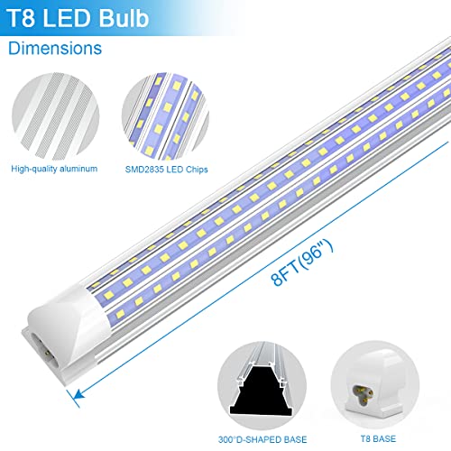 SHOPLED 8FT LED Shop Light Fixture, 90W 11700LM 6000K Cool White, D Shape, High Output, Clear Cover, T8 Linkable 8 Foot LED Tube Light for Garage with Plug, Warehouse, Workshop, 4 Pack