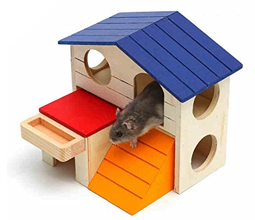 Hamiledyi Pet Small Animal Hideout Hamster House Deluxe Two Layers Wooden Hut Play Toys Chews