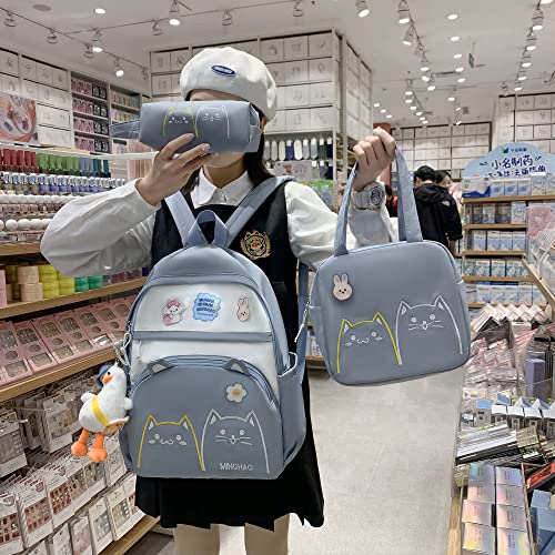 DAHUOJI 3PCS Kawaii Backpack Set 17in Cat Embroidery Backpacks Aesthetic School Bag Cute Bookbag with Lunch Bag,Pencil Box,Duck Pendant & Badge,Blue