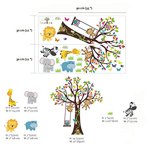 Runtoo Animals Tree Wall Decals Monkey Giraffe Elephant Wall Art Stickers for Kids Bedroom Baby Nursery Wall Décor