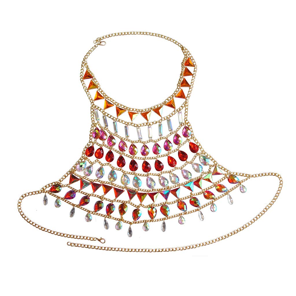 Aiosy Boho Body Chain Bra Gold Sexy Rhinestone Bikini Bra Body Halter Backless Sequins Chain Bra Beach Body Accessories Jewelry for Women (Red)