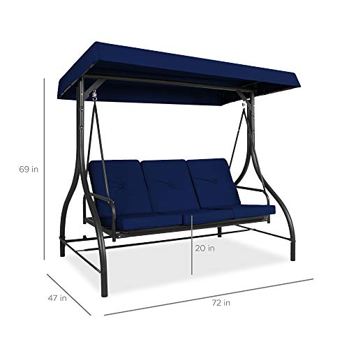 Best Choice Products 3-Seat Outdoor Large Converting Canopy Swing Glider, Patio Hammock Lounge Chair for Porch, Backyard w/Flatbed, Adjustable Shade, Removable Cushions - Navy