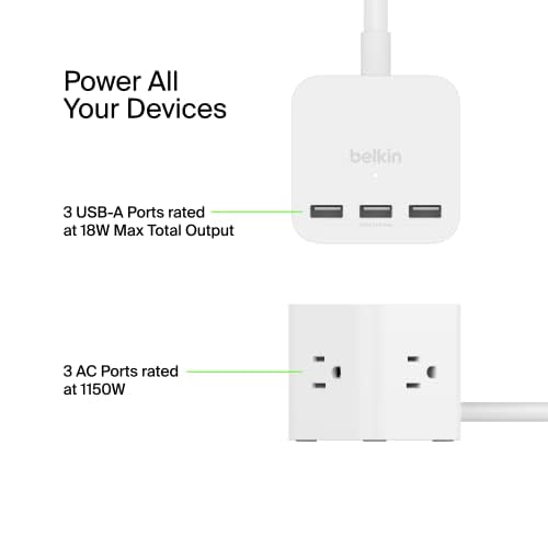 Belkin 6-Outlet Power Cube w/ 3 AC Outlets, 3 USB-A Ports, & 5ft Sturdy Extension Cord - Convenient Compact Cube for Home, Office, Travel, Desktop, & Phone Charger - 4.5 Amps