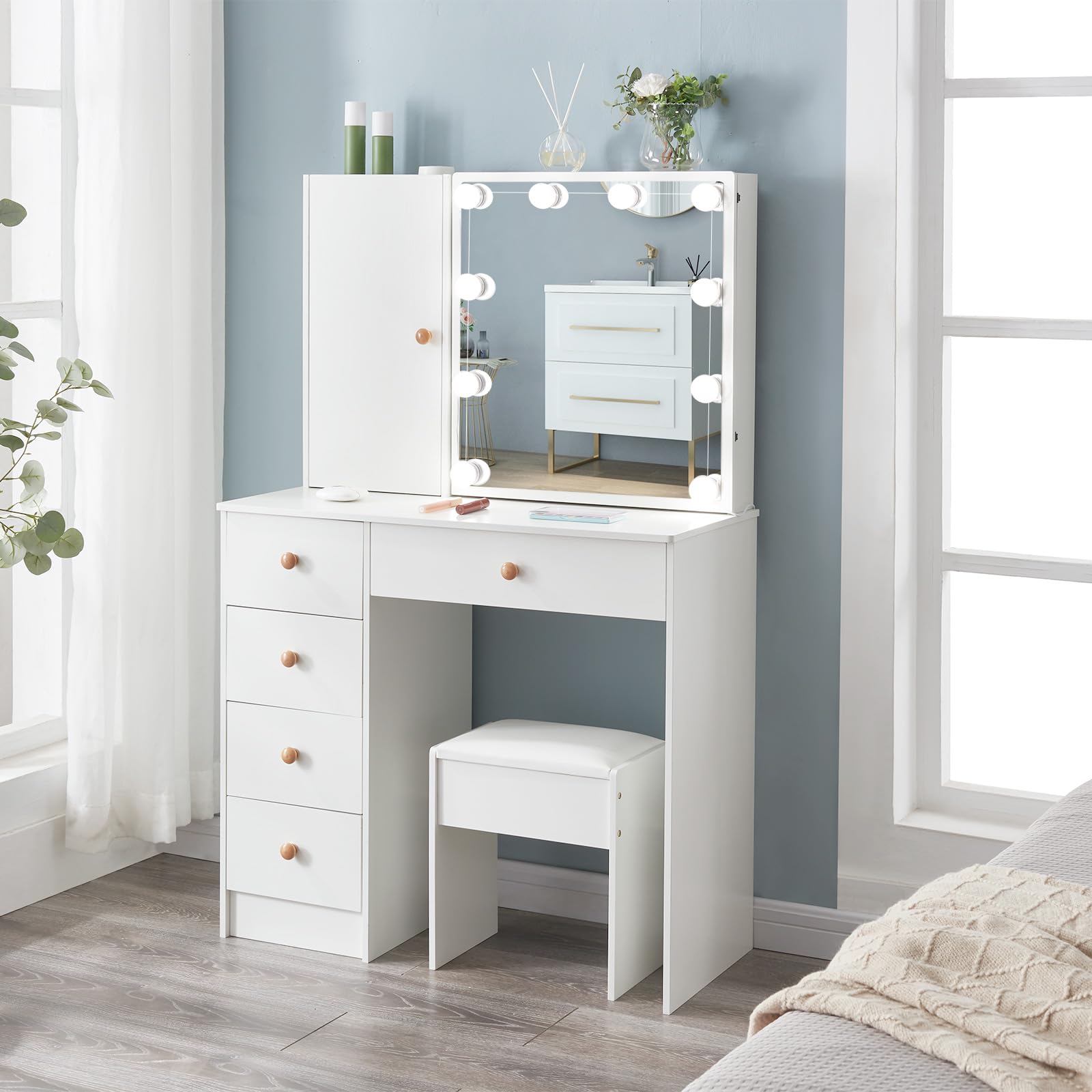 Abesthink Makeup Vanity with Lights, Makeup Vanity Desk with Mirror and 10 LED Lights,Vanity Table Set with 5 Drawers, Cabinet,Stool and Hidden Shelves,Vanity Set Dressing Table for Bedroom, White