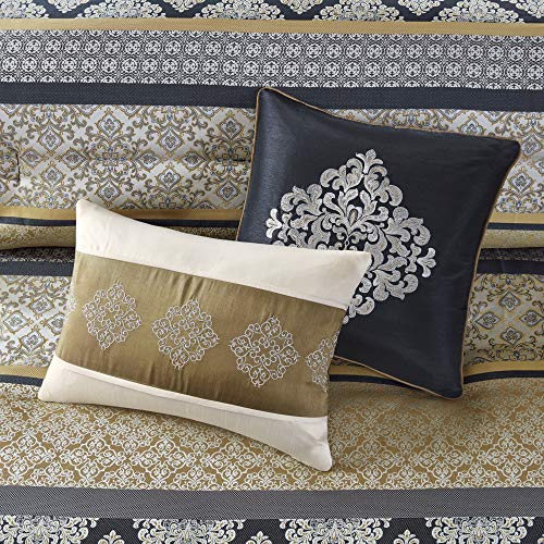 Madison Park Essentials Windsor 24-Piece Room in A Bag Comforter Set-Satin Jacquard All Season Luxury Bedding, Sheets, Decorative Pillows and Curtains, Valance, Queen (90 in x 90 in), Black/Gold