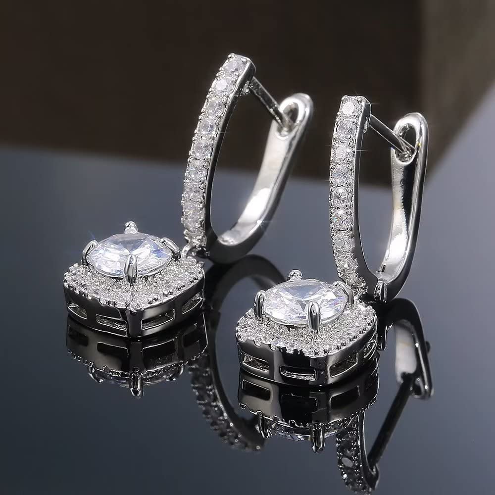 Aioweika Hoop Earrings for Women Exquisite Micro-Set Zircon Ear Buckles Shiny Temperament Earrings Square Dangle Earring