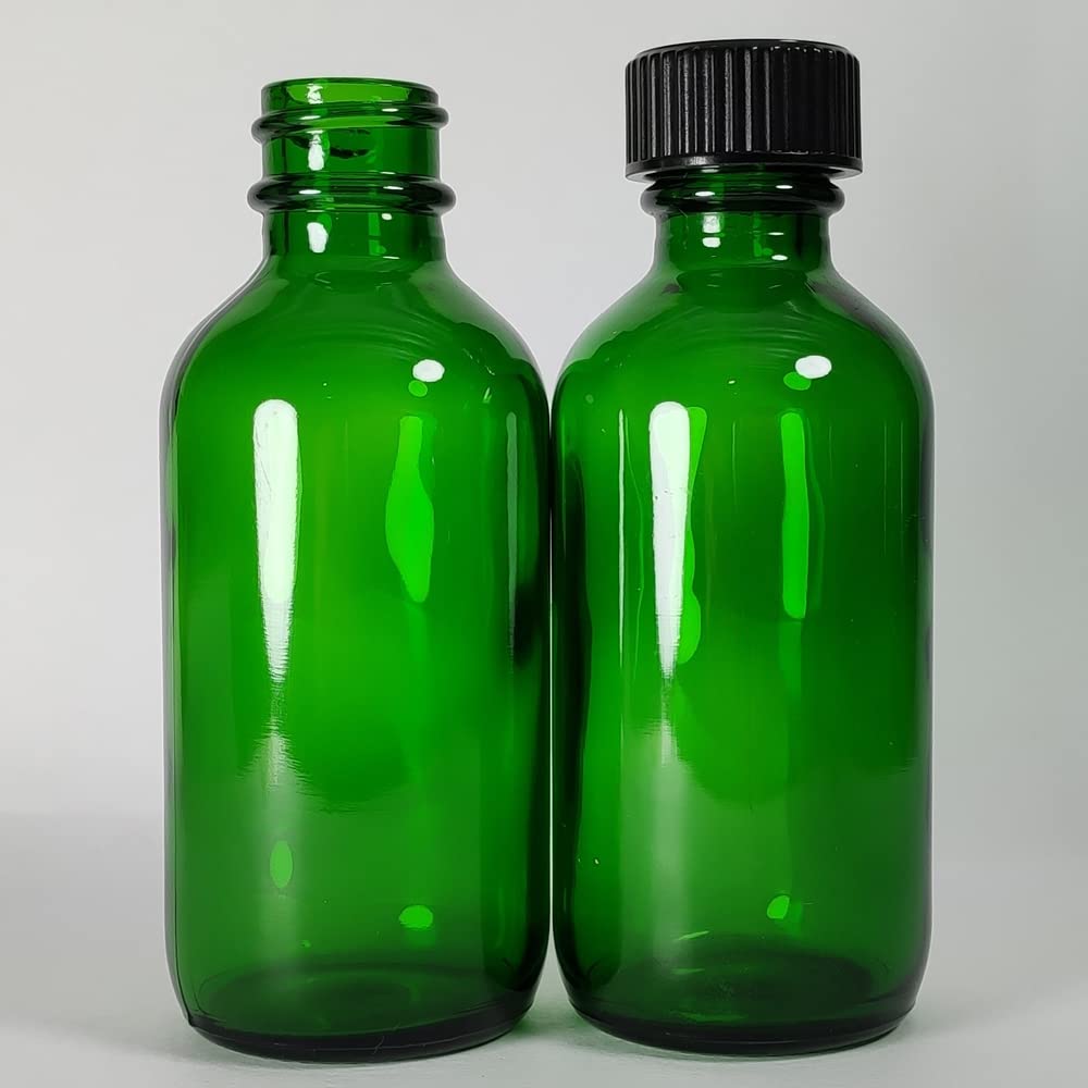 Bioll 60ml (2 oz) Boston Glass Bottles. Essential Oil Bottle With Black Poly Cone Lids. For Potion,Juice,Ginger Shots,Oils, Whiskey,Perfume,Aromatherapy,Lab Refillable Sample Vials -12 pack (Green)