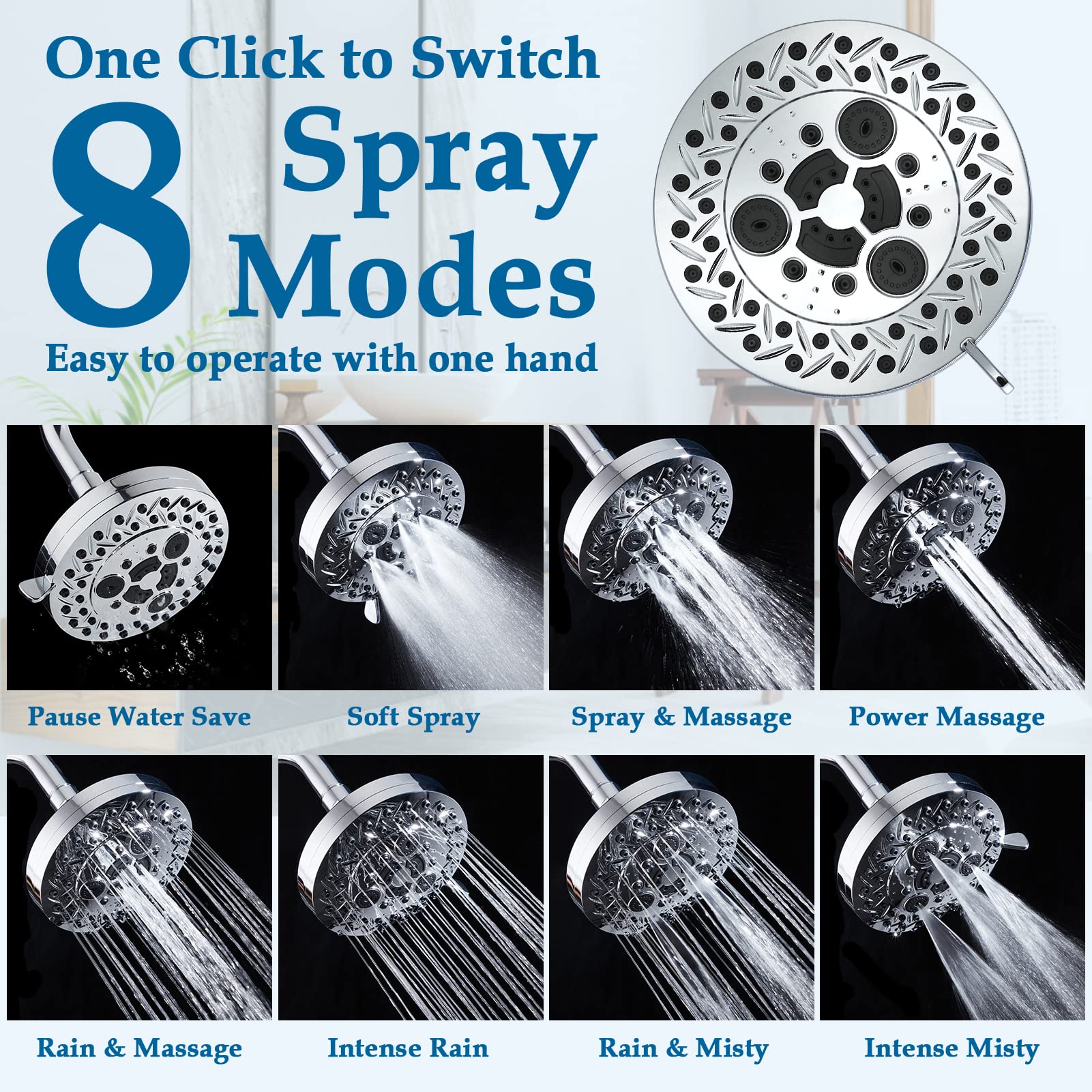 Aiscsc 8 Spray Modes Shower Head, 5 Inch High Pressure Shower Heads with 62 Anti-Clogging Nozzles and Adjustable Brass Ball Joint, Chrome Finish, Replacement for Bathroom Showerhead