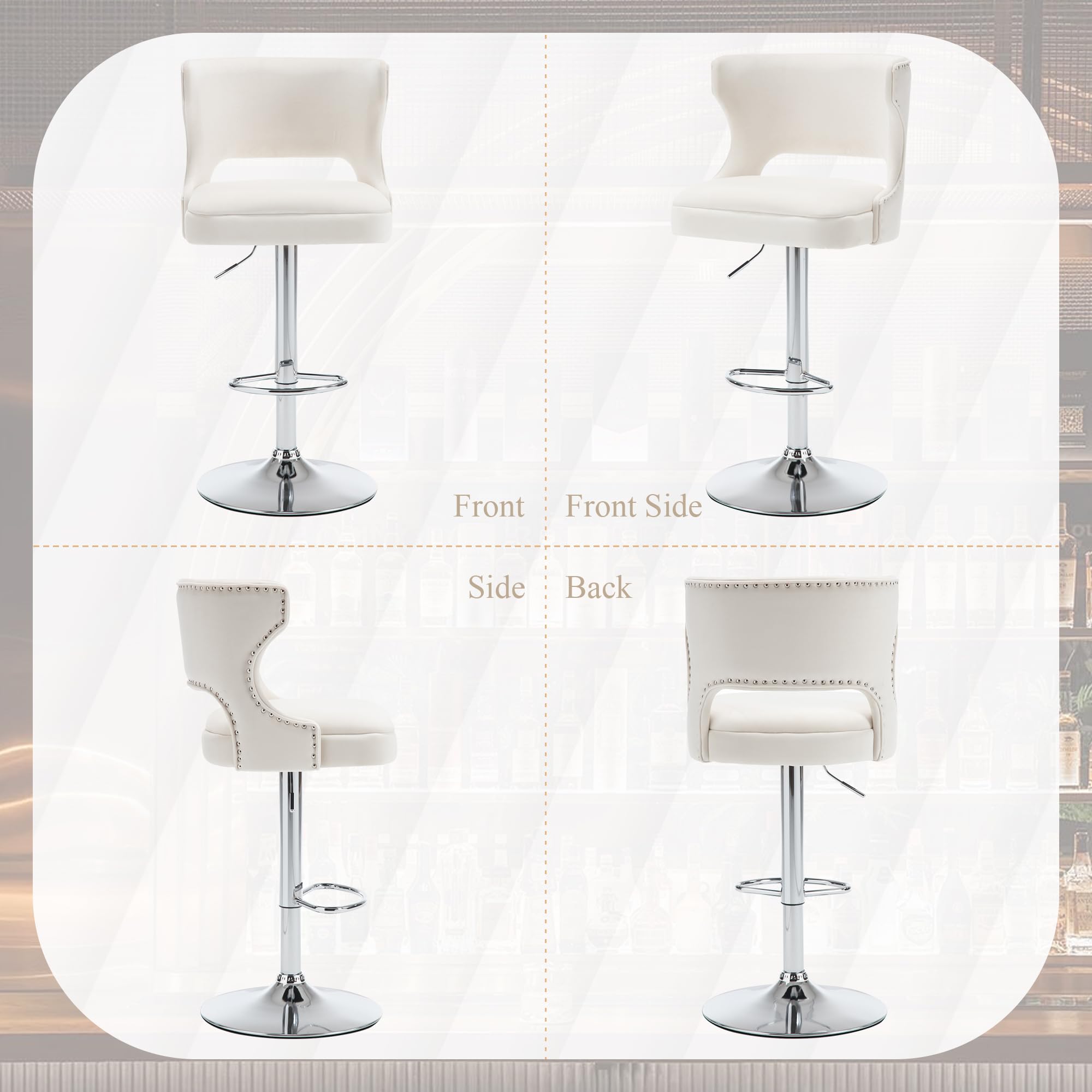 ABET Adjustable Bar Stools Set of 2, Velvet Swivel Counter Barstools with Hollow Back Footrest Soft Upholstered Bar Chairs for Kitchen Island Dining Room Home Bar Bistro, Beige, Chrome Base