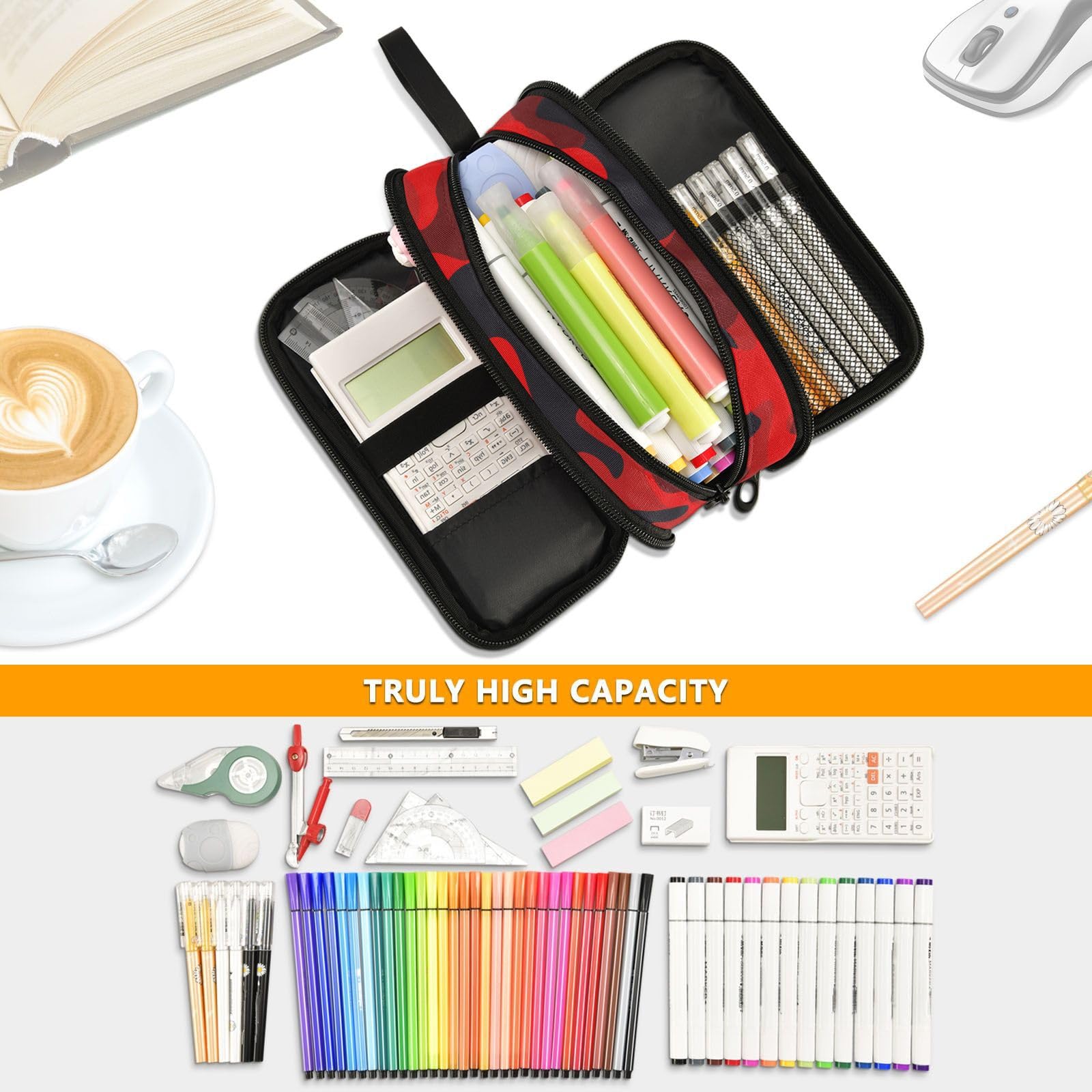 J JOYSAY Red Camo Pencil Case Large Big Capacity Pencil Bag for Girls Boys Stationery Pouch Zipper Pencil Case Pouch for School College Student