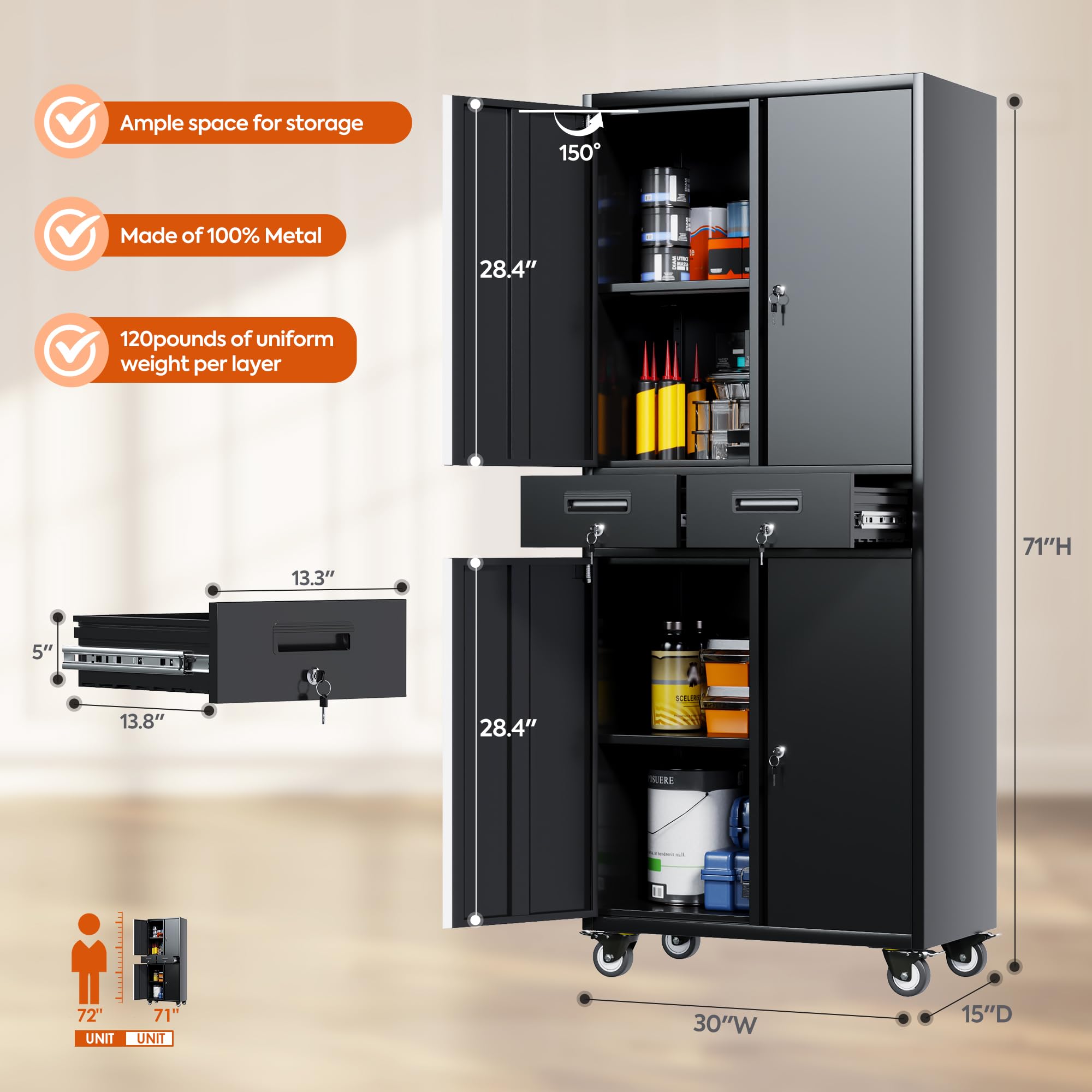 Aobabo Garage Storage Cabinet with Wheels, Metal Tool Storage Cabinet with 2 Drawer for Garage, Homes Storage,Assembly Required