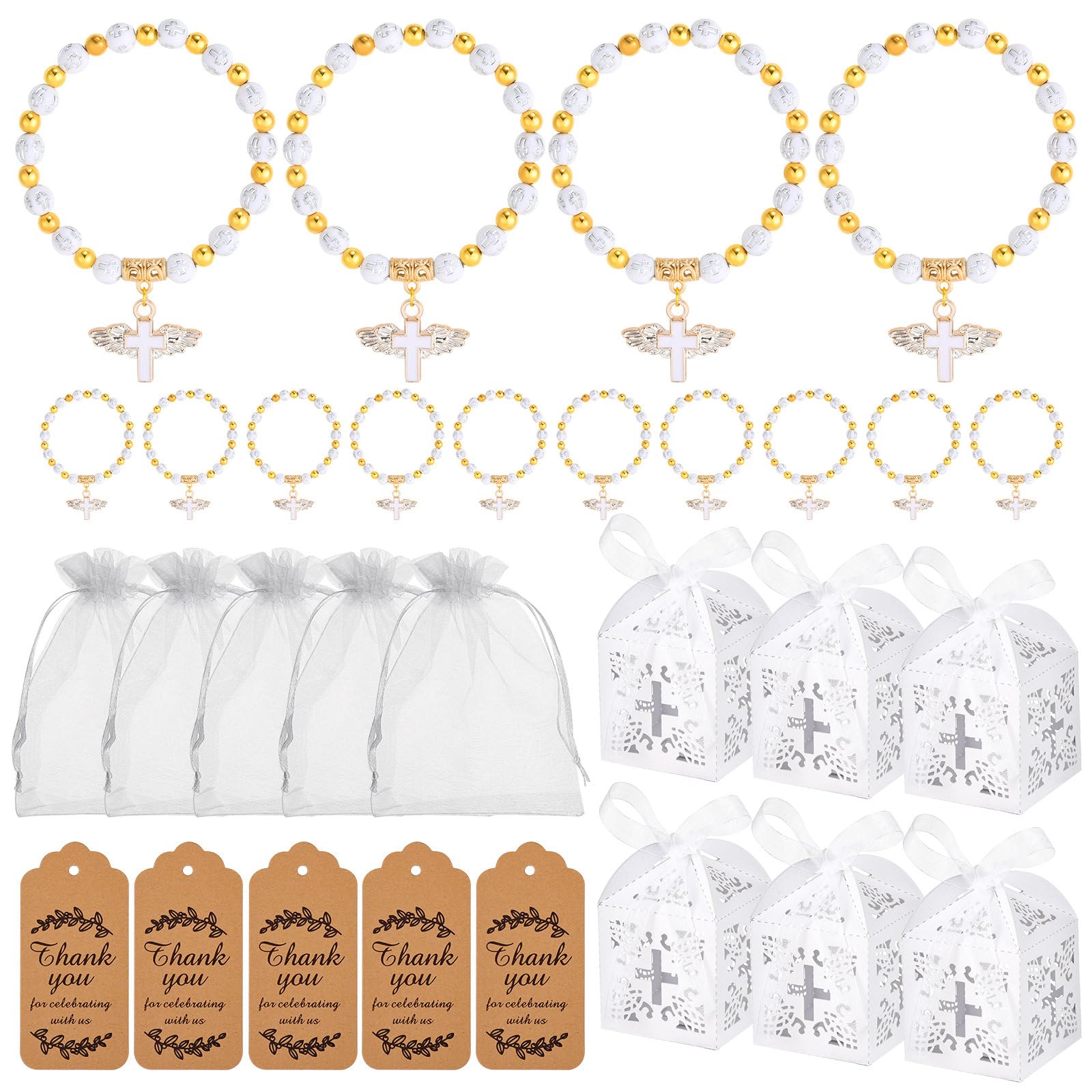 Winocbxt 100 Pcs Baptism Favors Set - 24 Angel Cross Rosary Bracelet, 24 Favor Boxes, 26 Organza Bags, and 26 Thank You Tags - Ideal for Baby Shower and Baptism Supplies(Gold