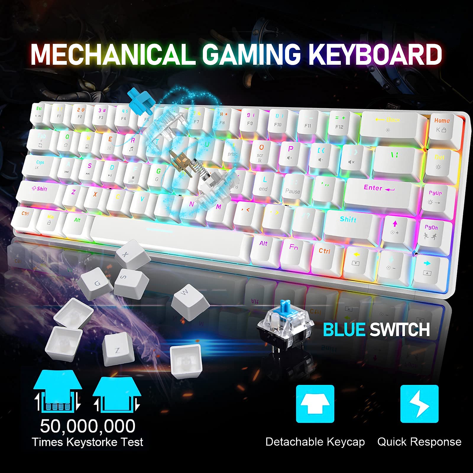 Compact 60% Mechanical Gaming Keyboard and Mouse Combo with Ergonomic Anti-ghosting 68 Key Rainbow RGB Backlight 6400DPI Honeycomb Mice Type-C Wired for PC Mac Gamer Office Typist(White/Blue Switch)
