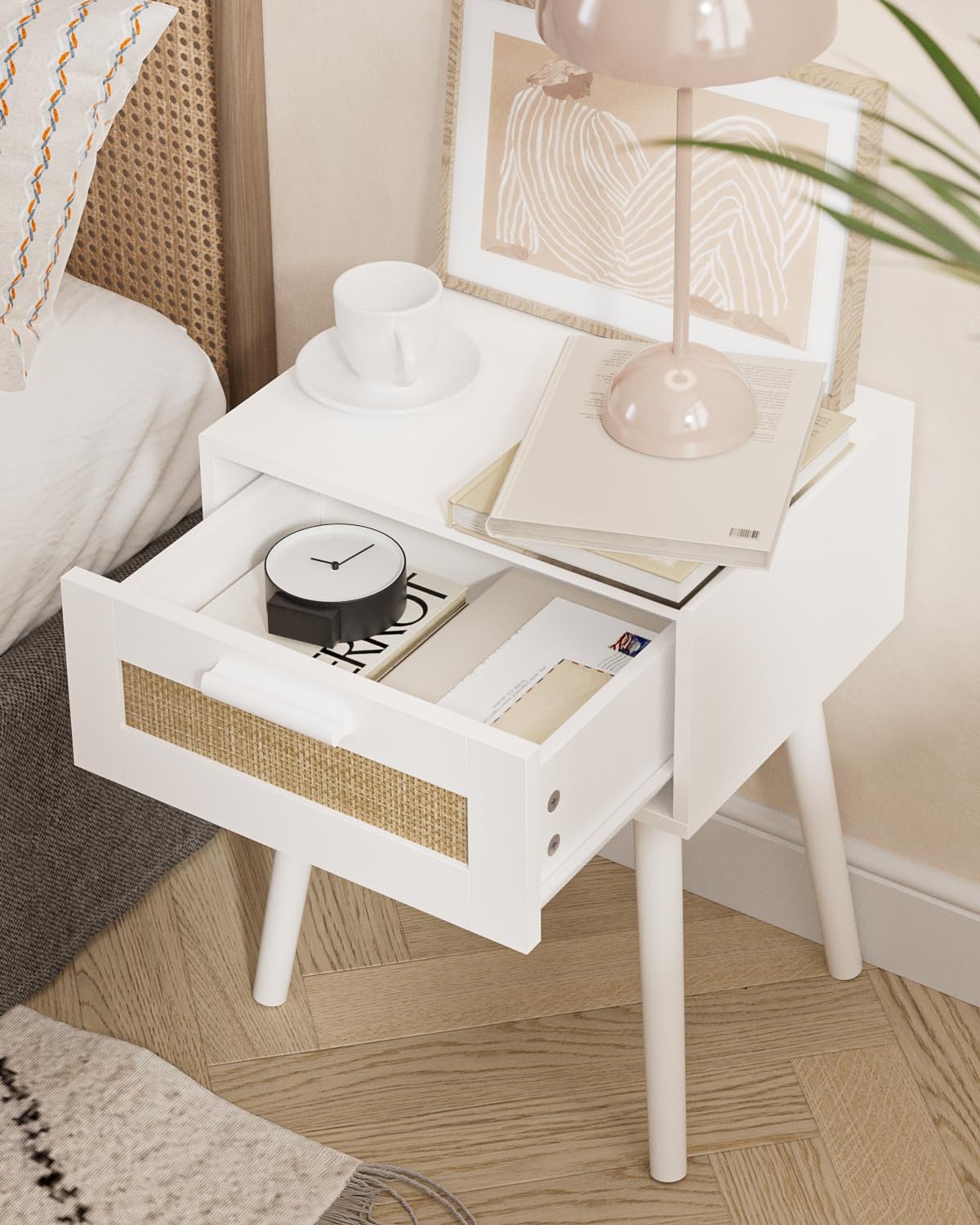Aobafuir Bedroom Nightstands Wooden Night Stands with Rattan Weaving Drawer Home Bedside End Table for Bedroom Storage, White