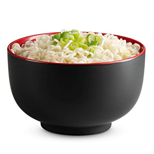 KooK Ceramic Japanese Noodle Bowl Set, Large Capacity, For Ramen, Udon, Soba, Pho and Soup, Microwave and Dishwasher Safe, 34 oz, Set of 4 (Black/Red)