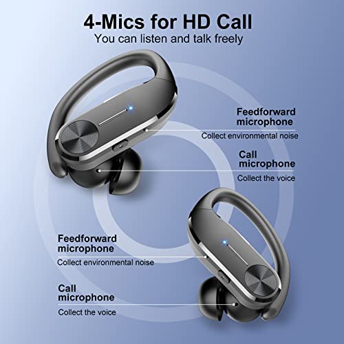 hadbleng Wireless Earbuds Bluetooth 5.3 Headphones 48Hrs Playtime Black Sports Earhooks Over Ear Earphones with LED Display, IPX7 Waterproof Built-in Mic Headset for Workout, Running, Gym