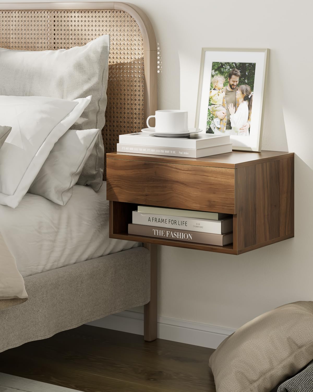 Aobafuir Floating Nightstand, Small Modern Floating Nightstand with Drawer, Floating Shelves for Bedroom, Bathroom (Brown Walnut)
