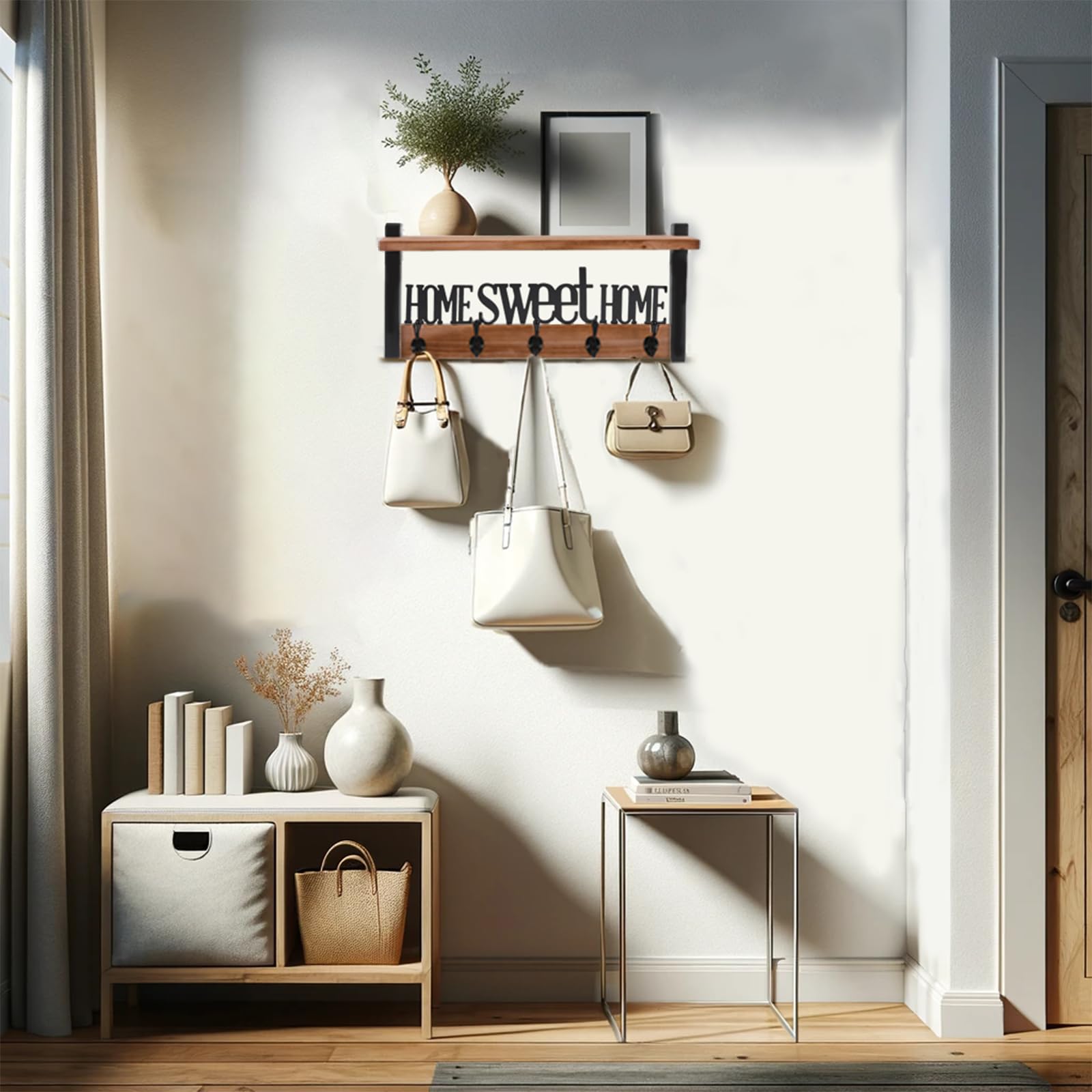 Awareisn Coat Rack Wall Mount Wood Shelf with Hooks Key Holder Wall Mount 5 Metal Hooks Towel Holder Coat Hanger Entry Way Home Organizer for Clothes Hats Backpack Bathroom Bedroom Rustic White