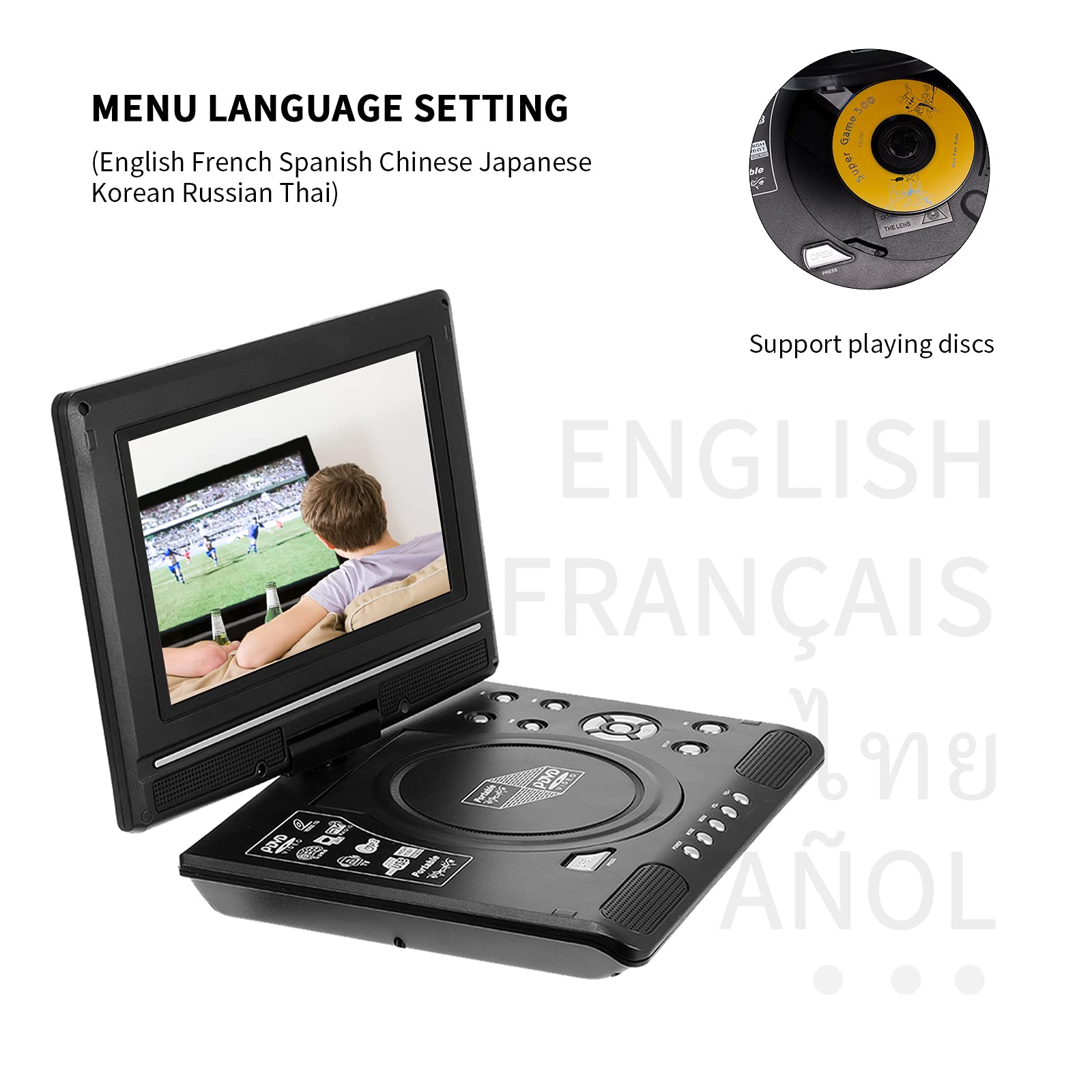 9.8'' Portable DVD Player with SD Card/USB Port, Mobile DVD Player with 270 Degree Swivel Screen, High Definition CD Video Player for Kids, Support AV-in/Out