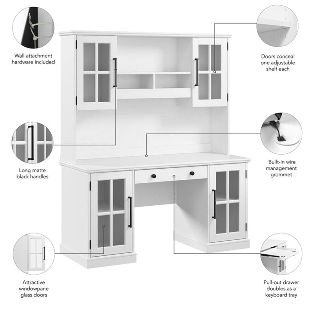 Bush Furniture Westbrook 60W Computer Desk with Hutch and Storage in White Ash | Farmhouse Desk for Home Office Workspace