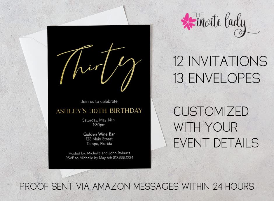Birthday Party Invitations 30th 40th 50th Thirty Forty Fifty Milestone Bday Black Gold 30 40 50 Customized Printed Invites (12 count)