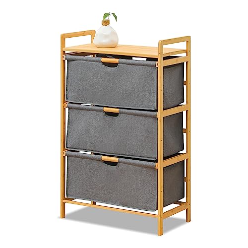 Magshion 3 Drawer Fabric Bin Storage Dresser Unit End/Side Table Nightstand Freestanding Organizer for Bedroom Living Room, Closet, Wide Chest of Drawers (3-Drawer)
