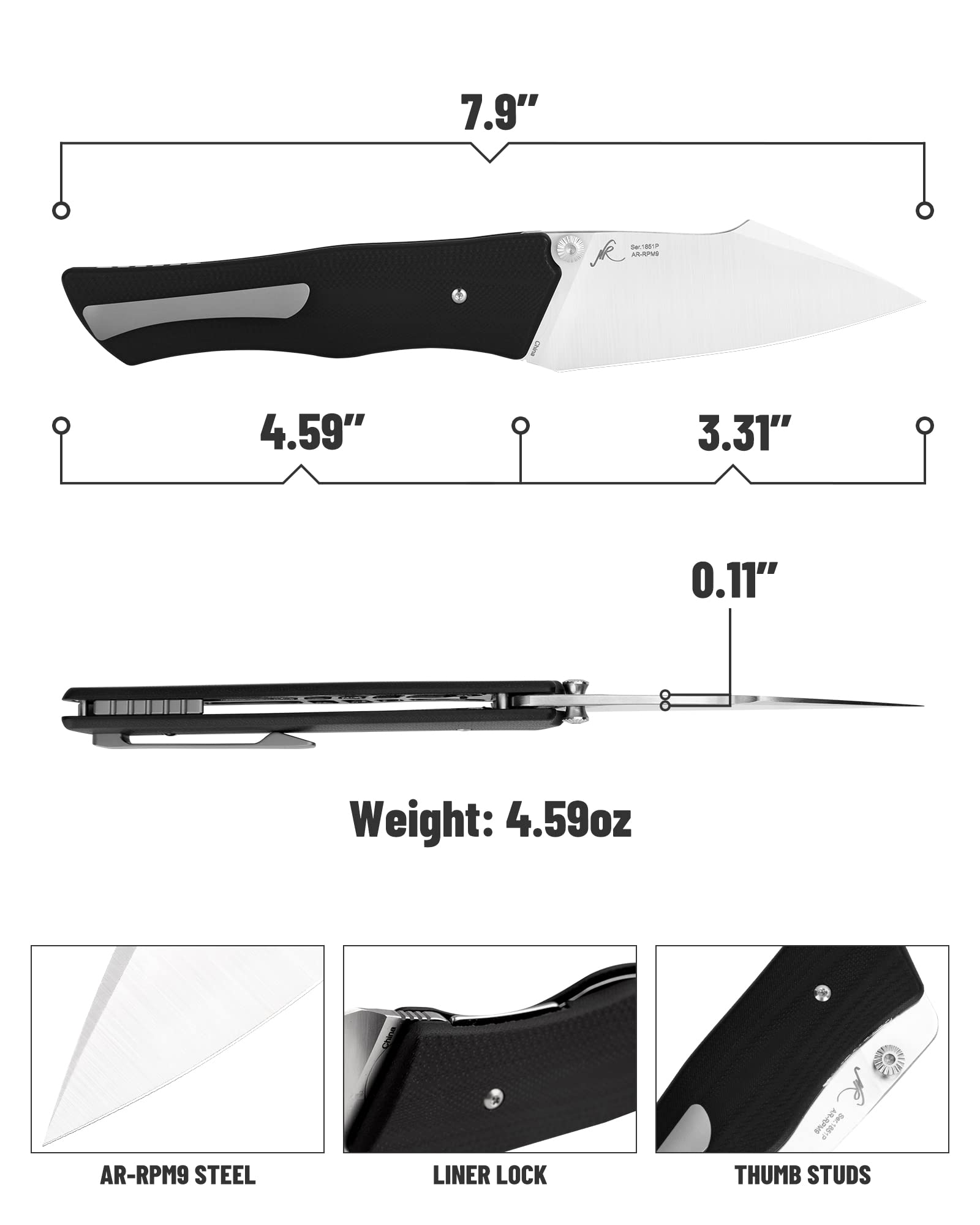 ARTISANCUTLERY Folding Knife Ahab Series (J1851) AR-RPM9 Balde and G10 Handle EDC Pocket Knife with Clip Black
