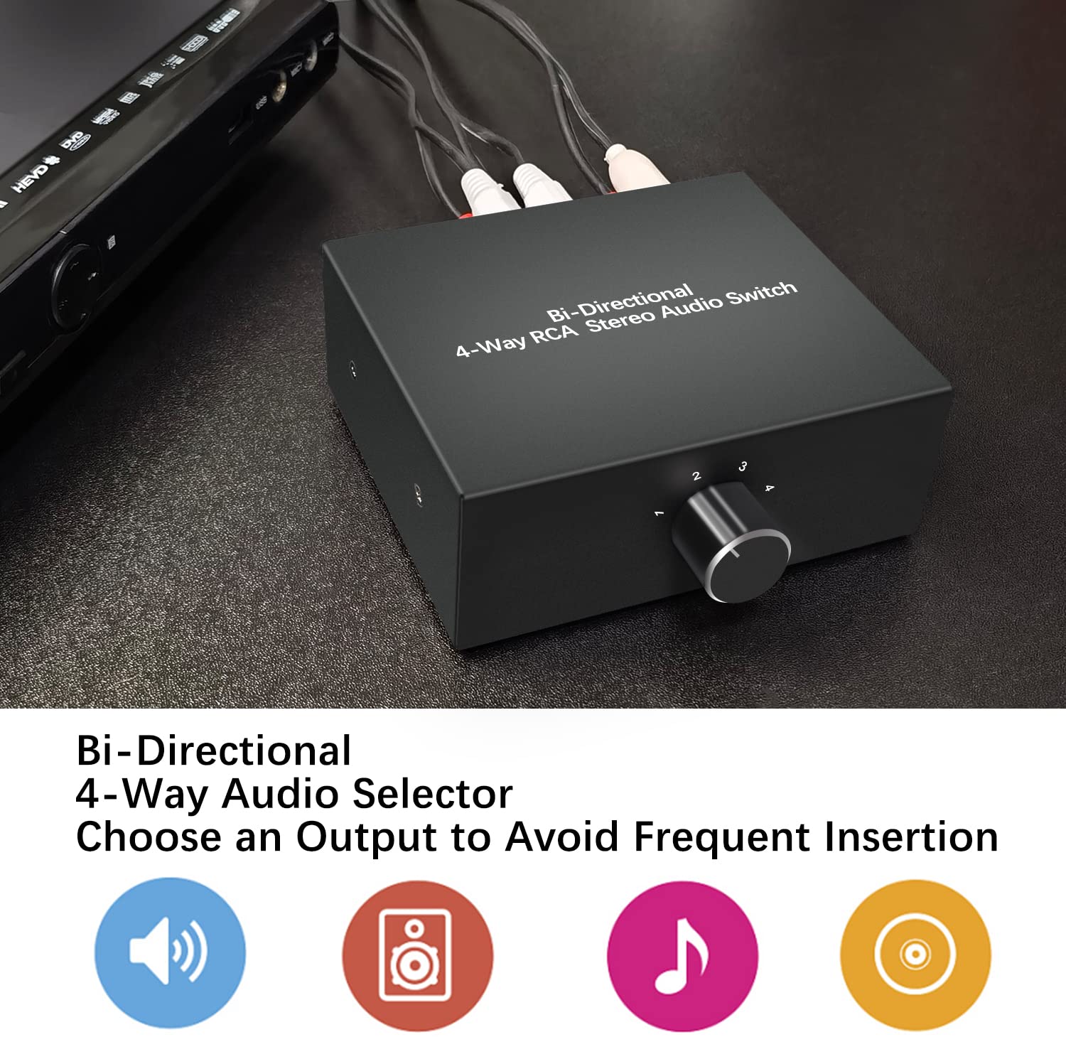 Dingsun Bi-Directional 4-Way RCA Stereo Audio Switch Dignsun Audio Signal Source Switcher Selector Splitter Box for CD, DVD, Blu-ray Players, Active Speakers, Etc. (4 Input 1 Out /1 Input 4 Output)