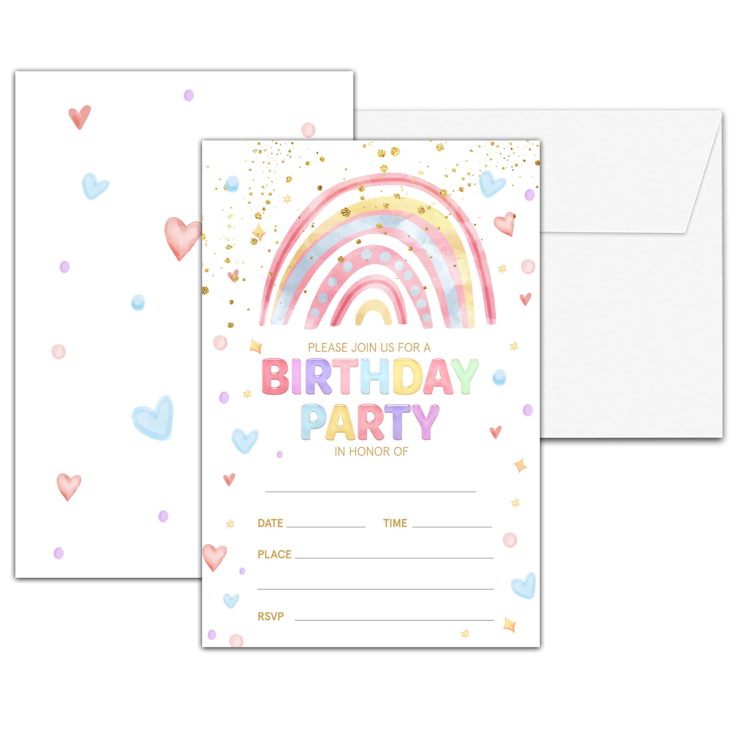 Chuxvon Birthday Party Invitations, Rainbow Heart Birthday Invitations, Double-Sided Fill In Birthday Invites, Birthday Party Favors Decorations Supplies, 20 Cards With 20 Envelopes(Invite-A01)
