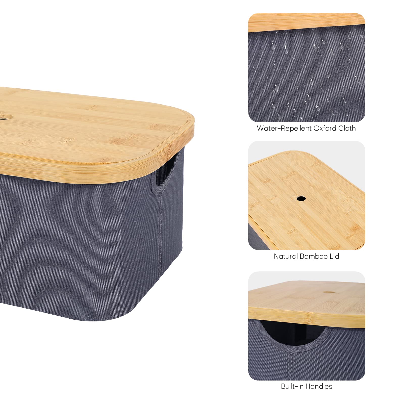 ANMINY Storage Bin with Removable Bamboo Lid Handles Canvas Basket Box Stackable Lidded Closet Cabinet Shelf Cube Foldable Decorative Clothes Organizer Laundry Container - Gray, Large