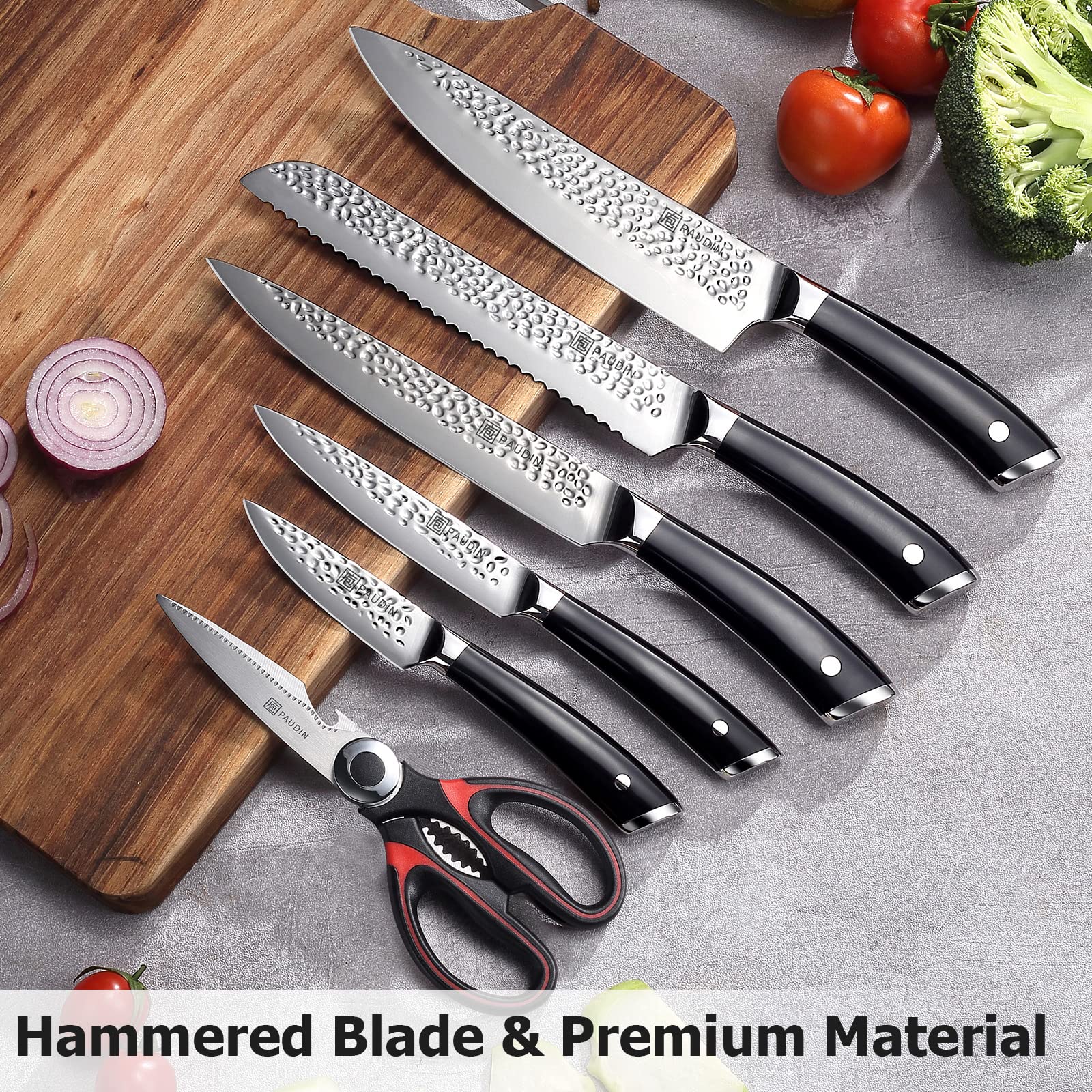 PAUDIN Knife Set with Block, 7-Pieces Knife Sets for Kitchen with Block, Razor-Sharp Chef Knife Set with Kitchen Scissor, High Carbon Stainless Steel Kitchen Knife Set with Full Tang Handle