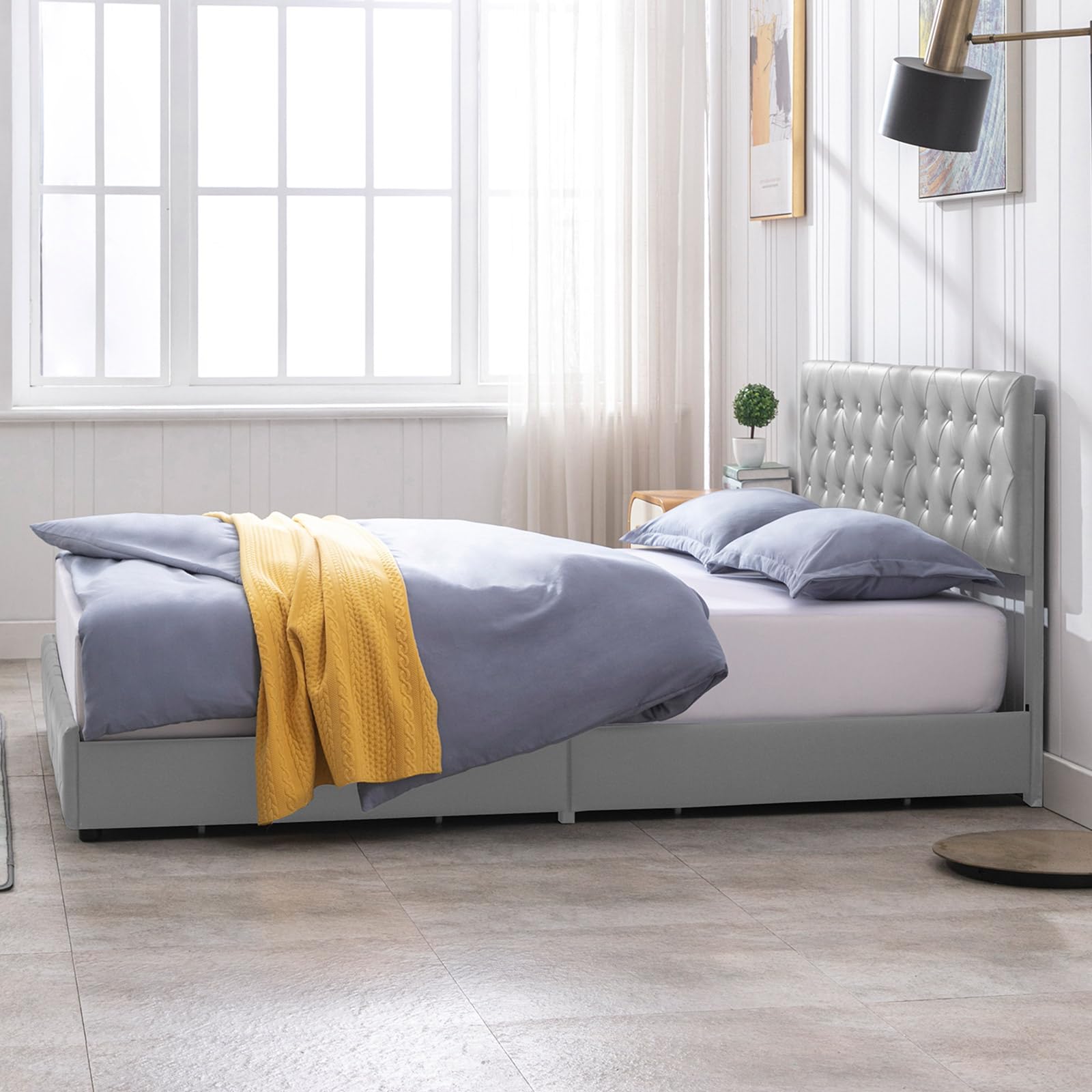ijuicy PU California King Size Bed Frame, Platform Bed Frame w/Adjustable Headboard, 4 Storage Drawers and Wood Slats Support/No Box Spring Needed/Easy Assembly-Cal King, White
