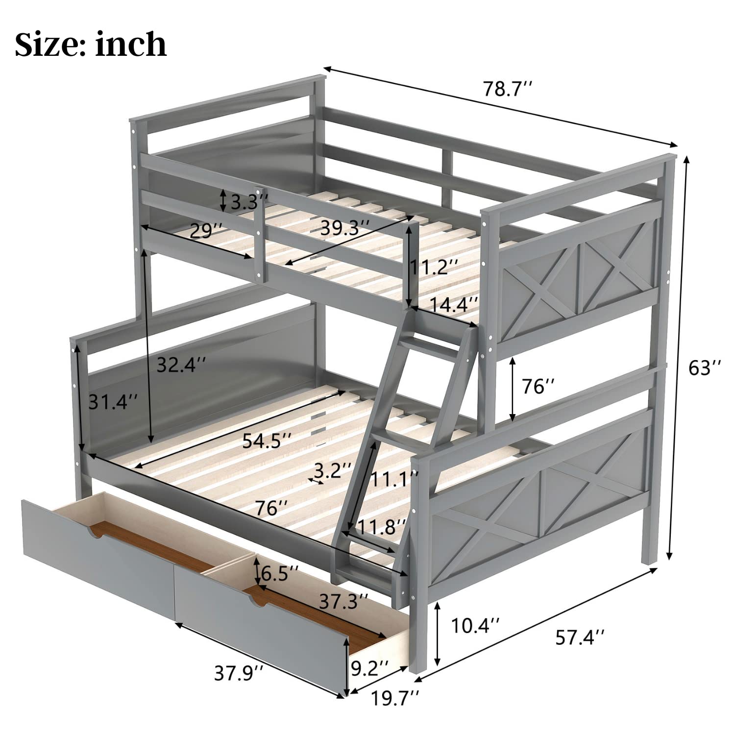 AOCOROE Twin Over Twin Loft Bunk Bed with Ladder, Wood Floor Bunk Bed with Full-Length Guardrails, Bunk Bed for Boys, Girls, Grey