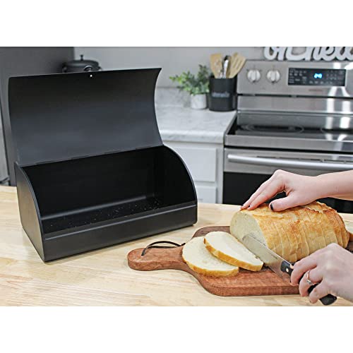 AuldHome Farmhouse Black Bread Box; Retro Vintage Style Enamel Countertop Bread Bin