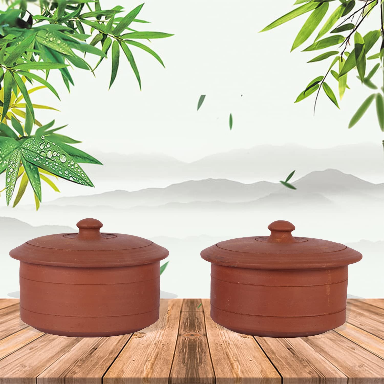 Village Decor handmade earthen clay natural yogurt maker/clay curd pot with lid (1000 ML / 34 OZ - 2 QTY)