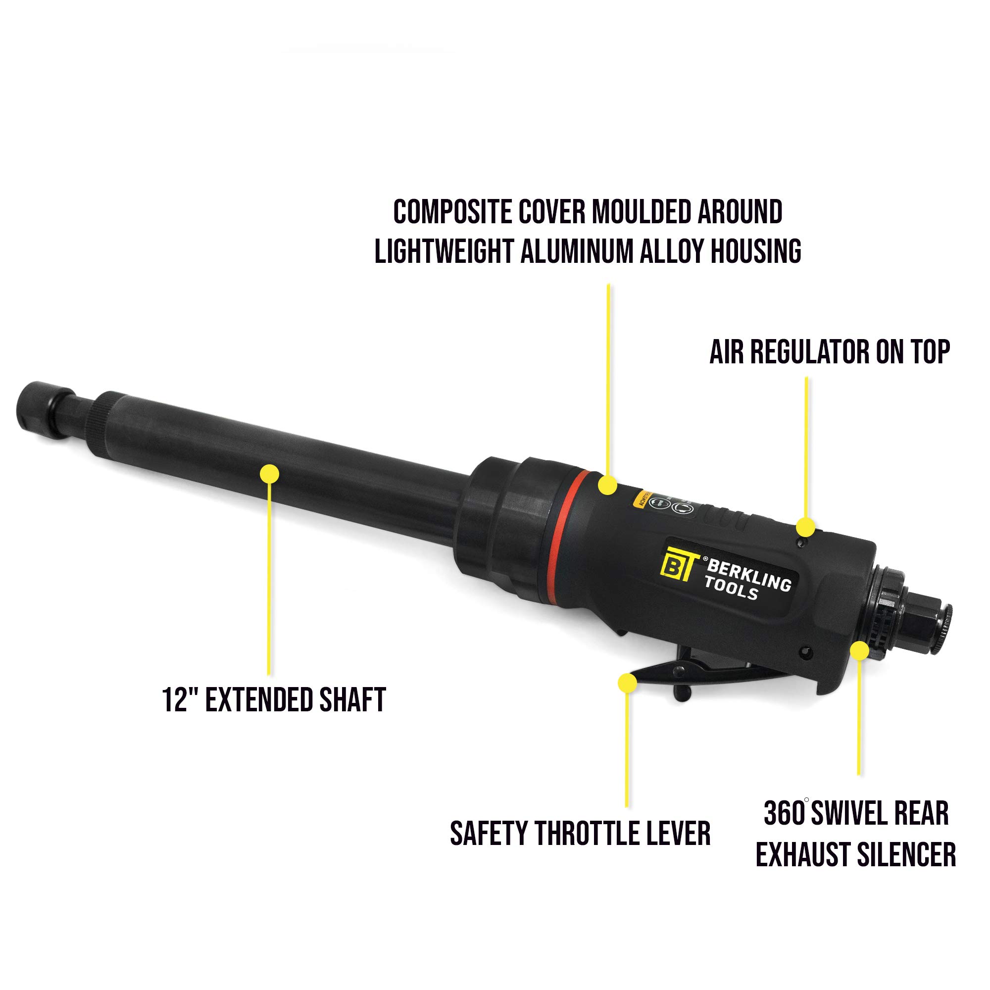 Berkling Tools BT 6321-12 | 12" Extra Long Extension 1/4β Straight Air Die Grinder, Professional Grade Heavy Duty Variable High Speed (Straight, 12" Extension)