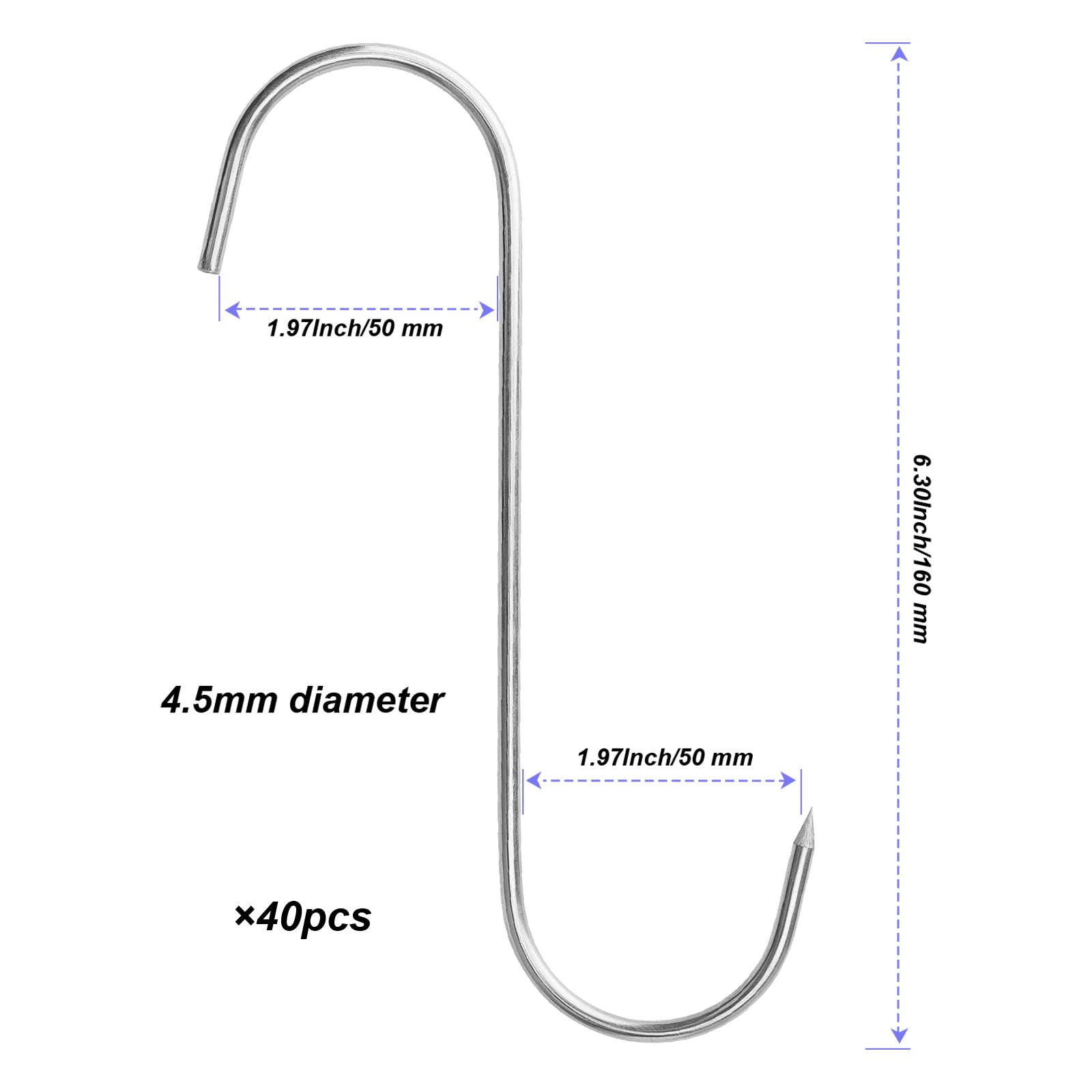 MAHIONG 40 PCS 6.3 Inch Meat Hooks, Stainless Steel S-Shaped Butcher Hook Smoking Hook Meat Processing for Hanging, Drying, BBQ, Chicken, Ribs