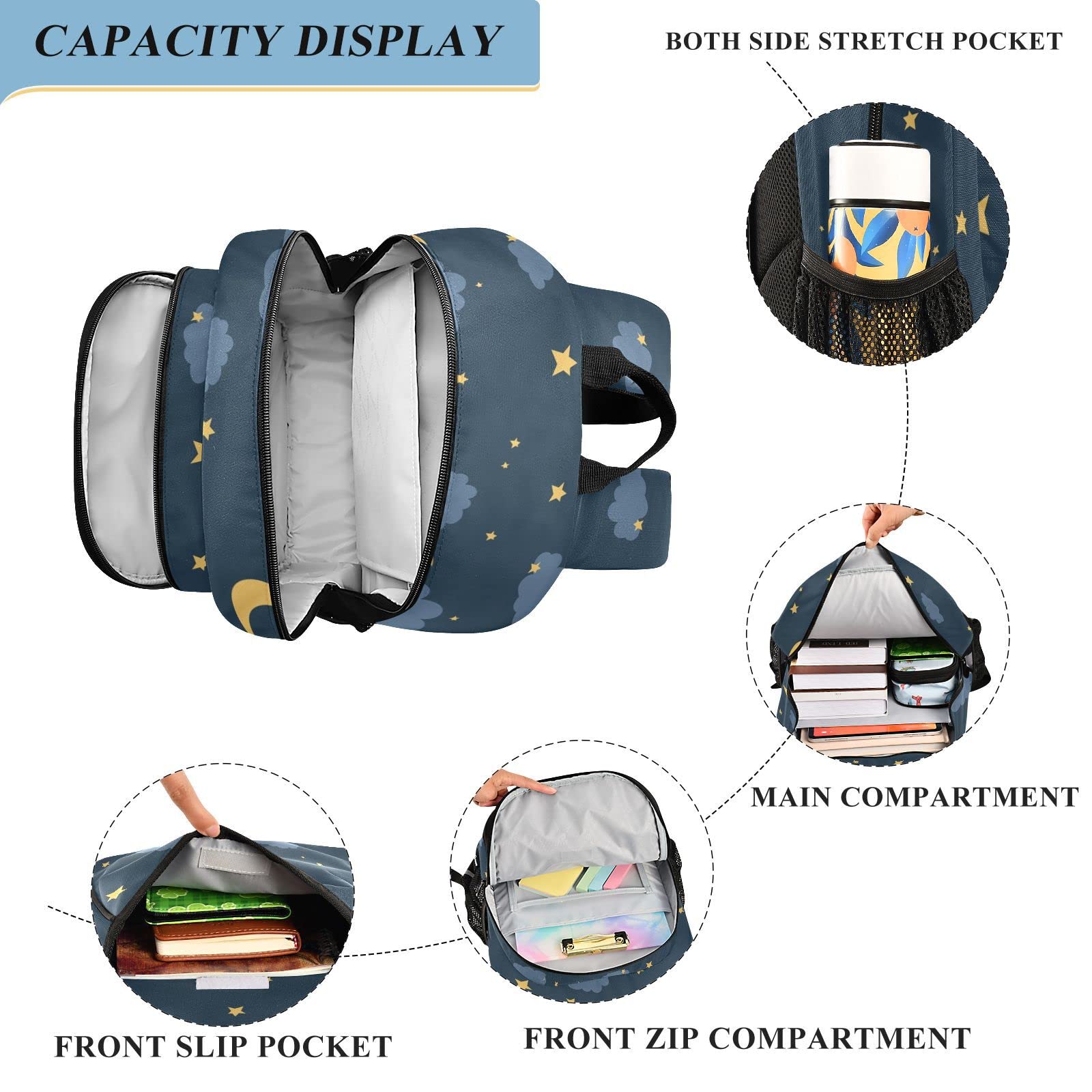 ALAZA Night Sky with Moon Stars and Cloud Backpack Daypack Bookbag