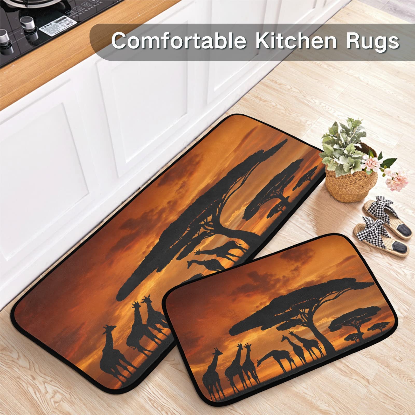 ALAZA Giraffe Sunrise African 2 Piece Kitchen Rug Floor Mat Set Runner Rugs Non-Slip for Kitchen Laundry Office 20" x 28" + 20" x 48"