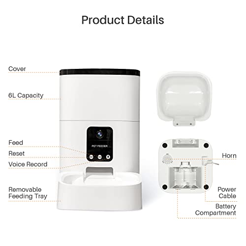 Automatic Cat Feeder, 6L Portion Control Peteme Smart Pet Feeder with Camera APP Control, Schedule Cat Feeder for Cats, Dogs & Small Pets, 2.4G Wi-Fi Enabled Speaker Two Way Microphone