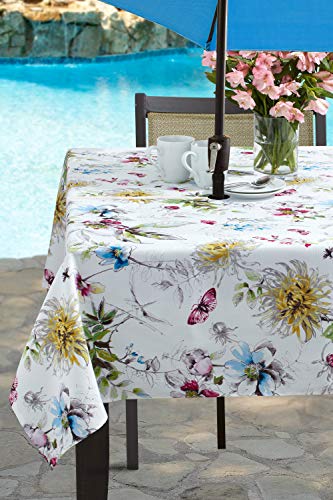 Benson Mills Spillproof Spring/Summer Fabric Outdoor Tablecloth with Umbrella Hole, Zippered Table Cloth for Rectangle Tables, Picnic/Patio (Blooming Floral, 60" X 84" Rectangular with Umbrella Hole)